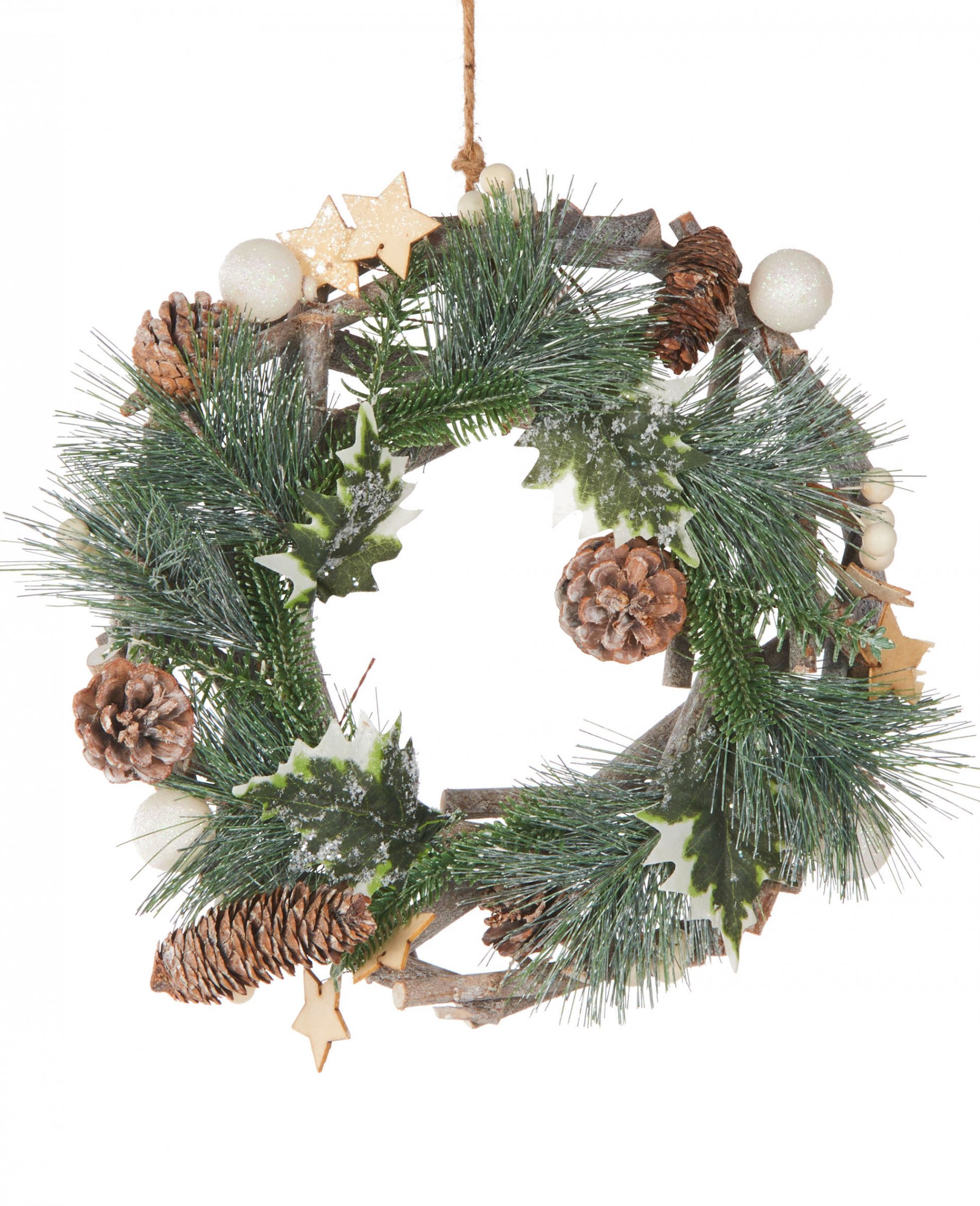 Couronne de sapin naturelle pommes de pin et boules blanches 32 cm ...